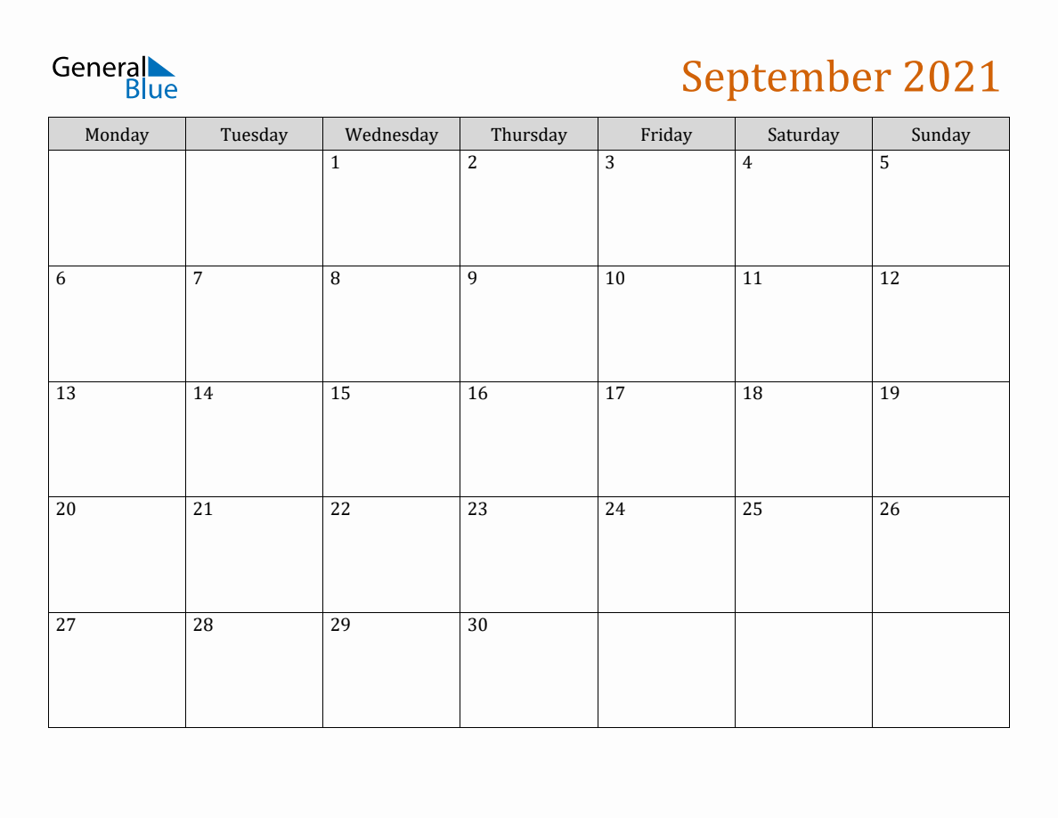 September 2021 Generic Monthly Calendar - Monday Start