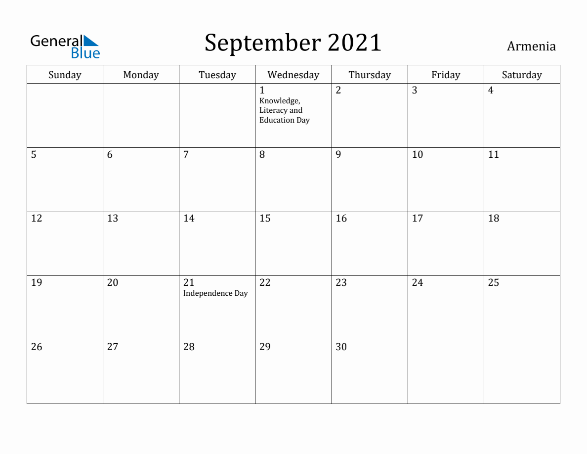 September 2021 Monthly Calendar with Armenia Holidays