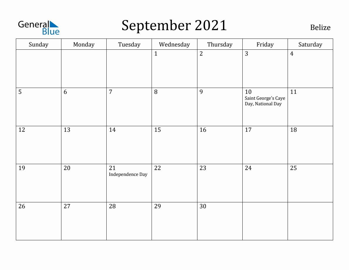 September 2021 Monthly Calendar with Belize Holidays