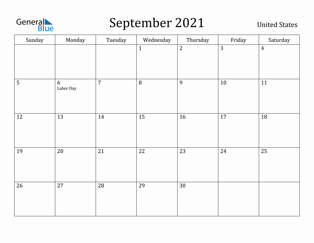 September 2021 Monthly Calendar with United States Holidays