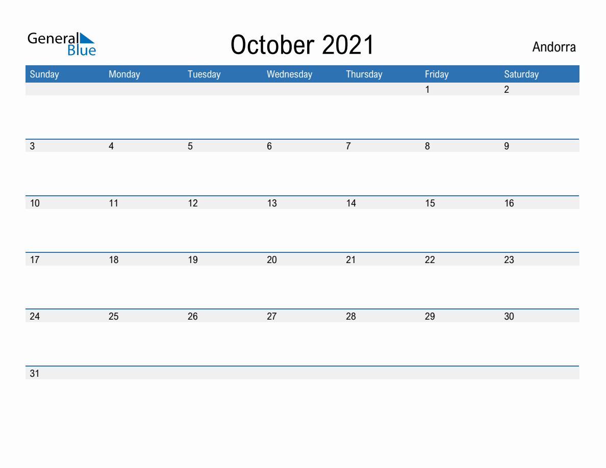 October 2021 Monthly Calendars with Andorra Holidays