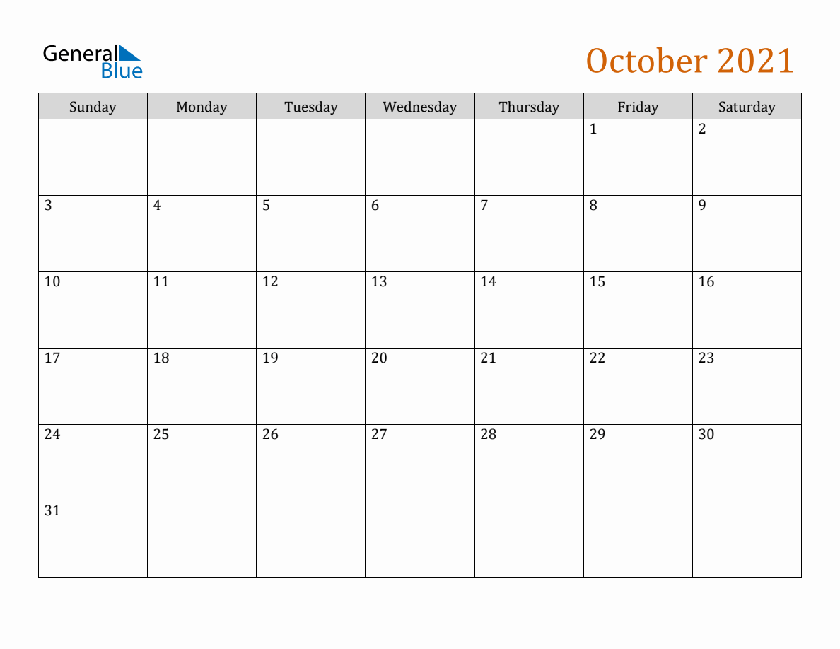 October 2021 Generic Monthly Calendar