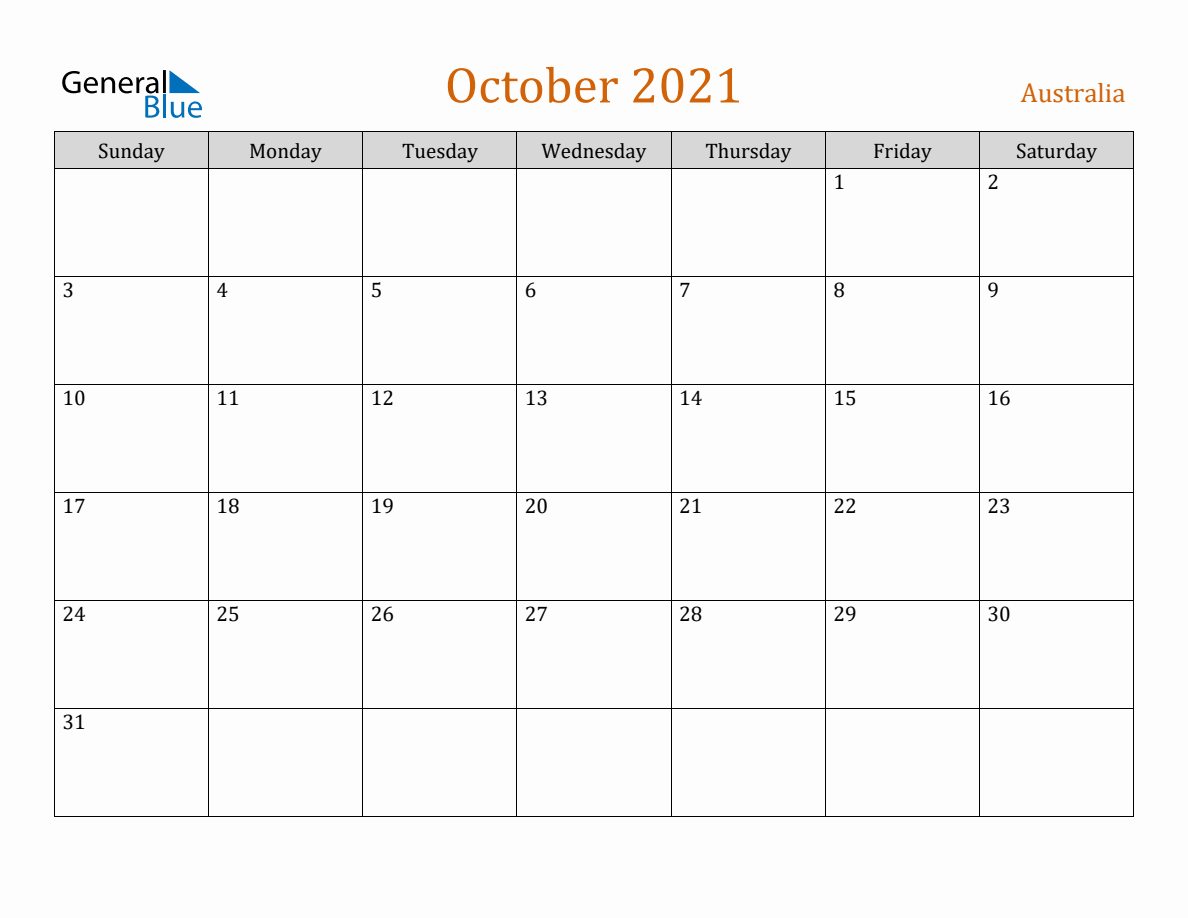 Free October 2021 Australia Calendar