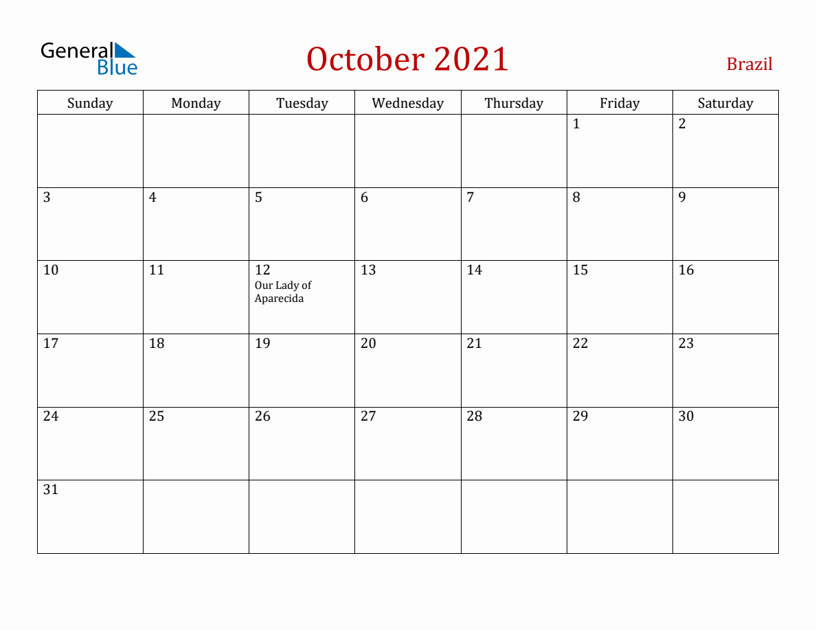 October 2021 Brazil Monthly Calendar with Holidays