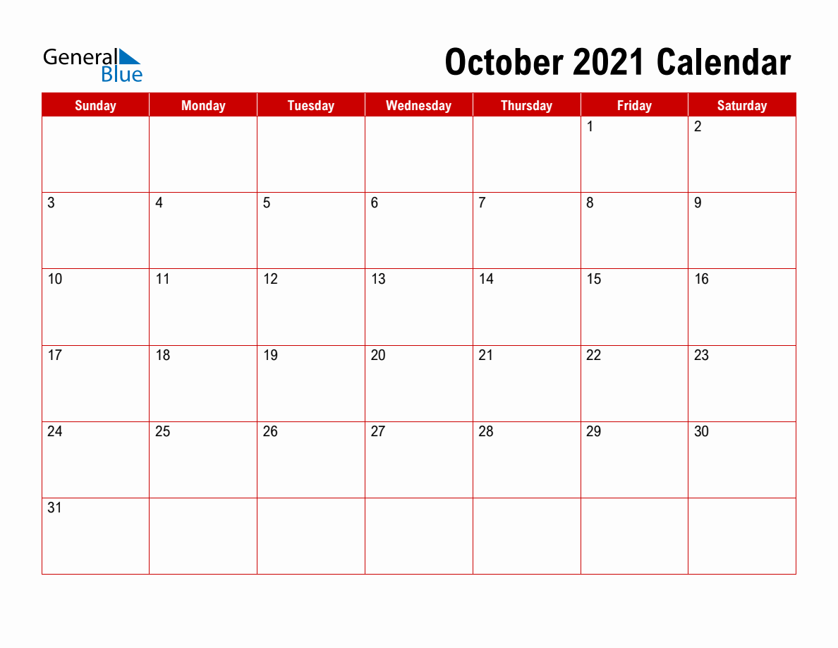 Basic Monthly Calendar - October 2021
