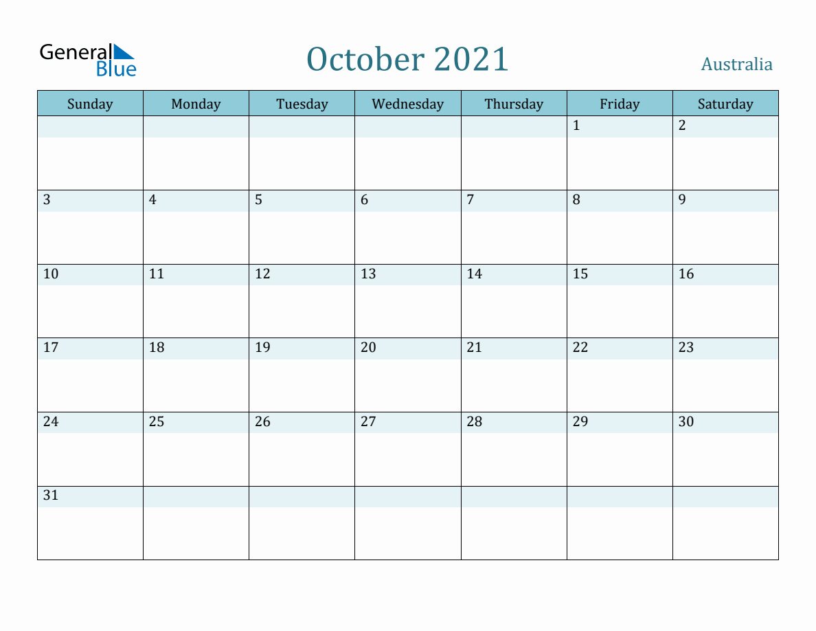 Australia Holiday Calendar for October 2021