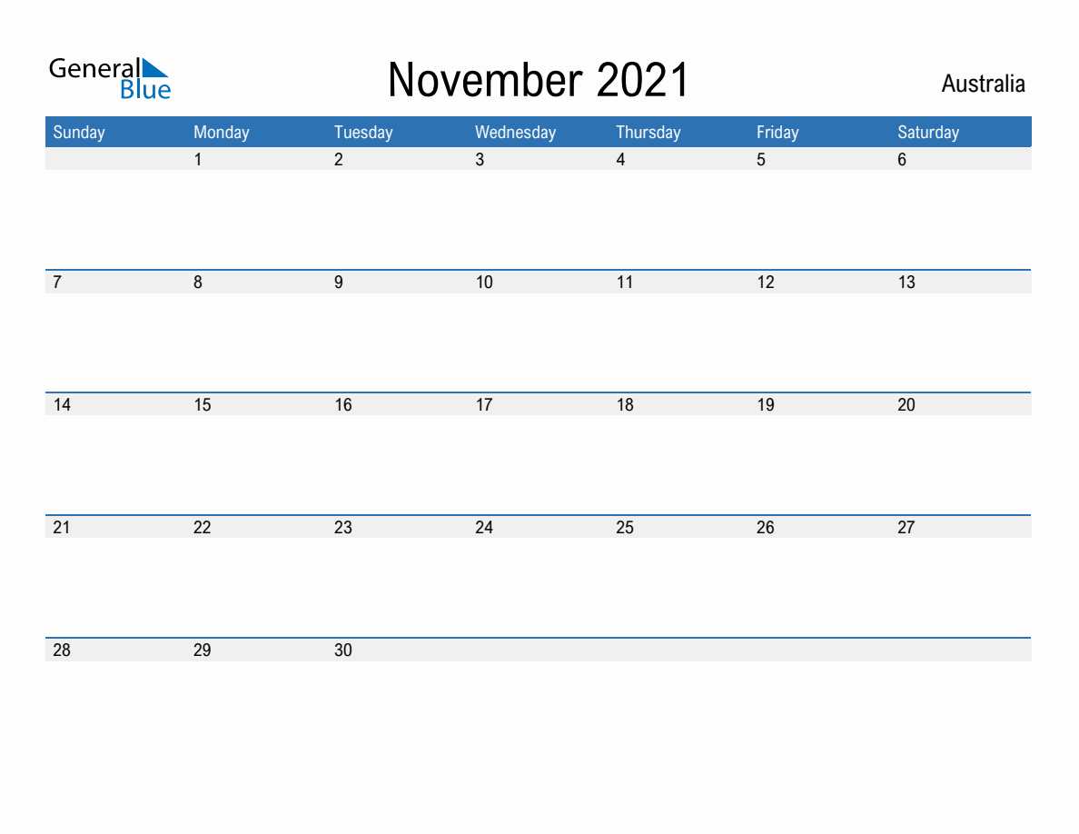 November 2021 Monthly Calendar with Australia Holidays