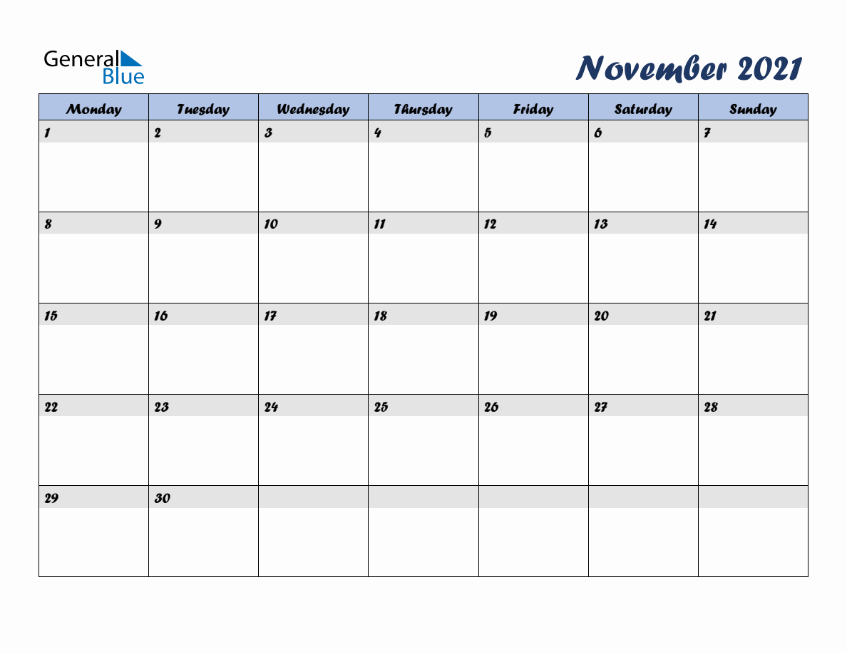 Free November 2021 Monthly Editable Calendar - Monday Start