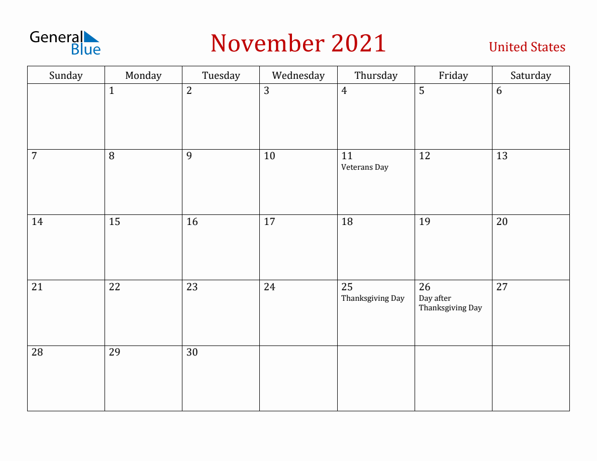 November 2021 United States Monthly Calendar with Holidays