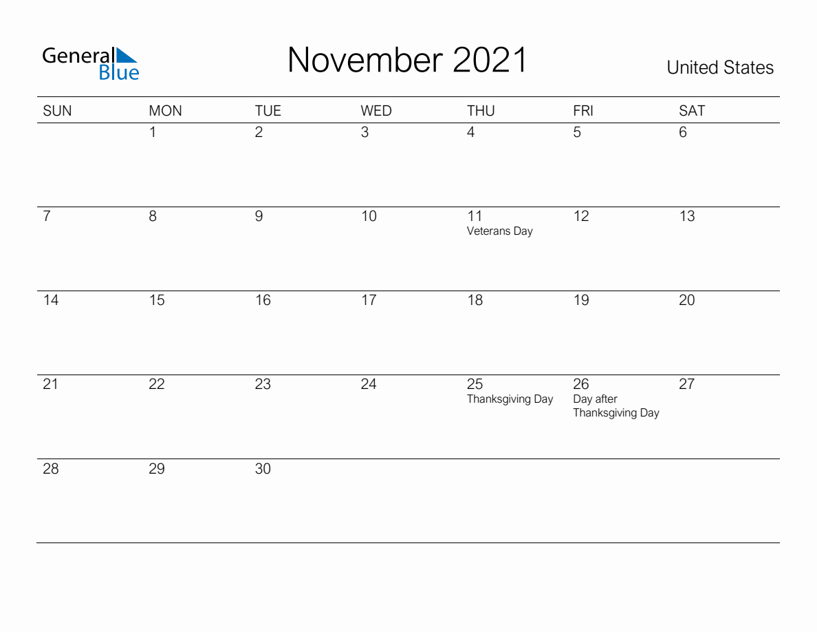 Printable November 2021 Monthly Calendar with Holidays for United States