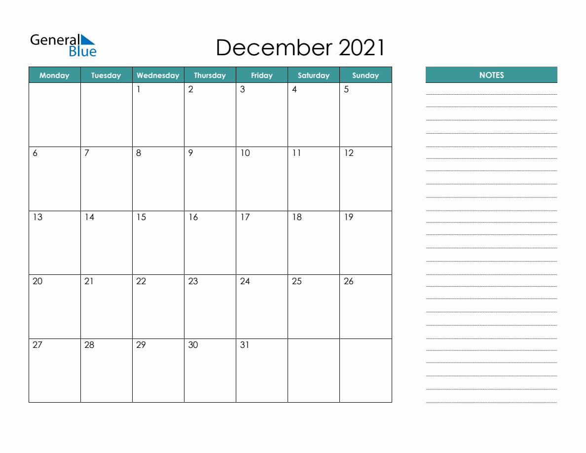December 2021 Calendar Planner with Notes