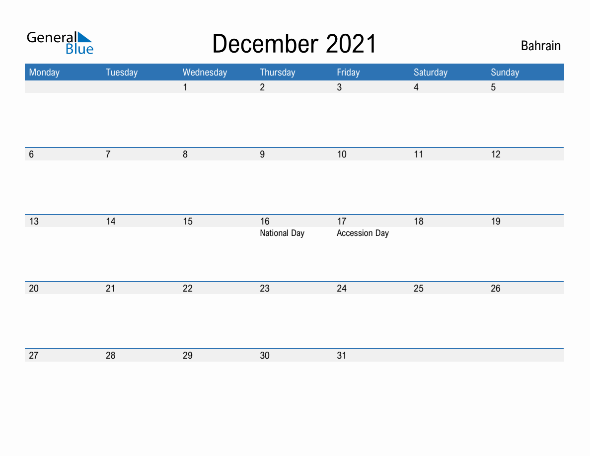Editable December 2021 Calendar with Bahrain Holidays (Monday Start)