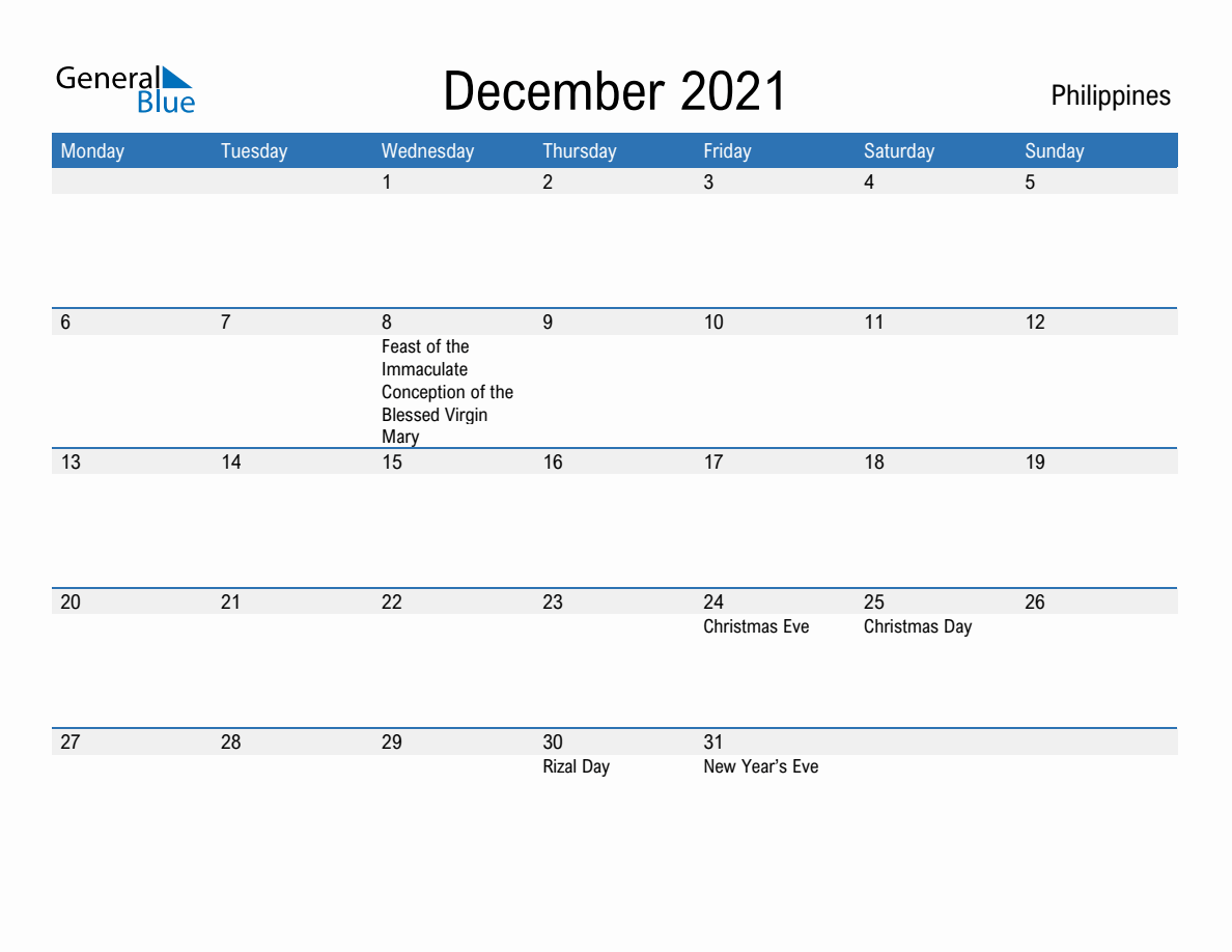 Editable December 2021 Calendar with Philippines Holidays (Monday Start)