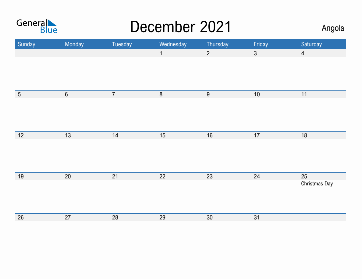 December 2021 Monthly Calendars with Angola Holidays