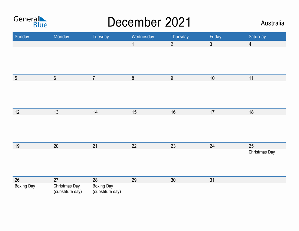 December 2021 Monthly Calendars with Australia Holidays
