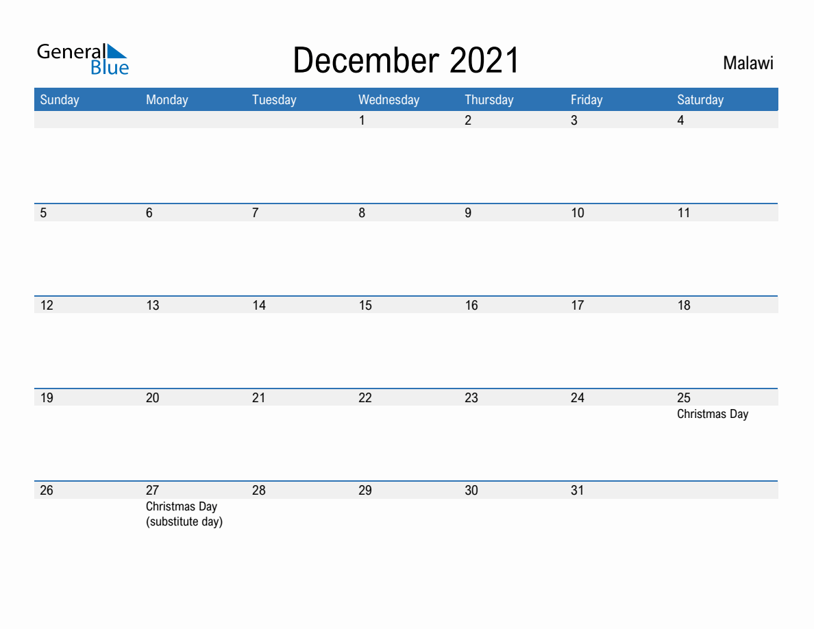 Editable December 2021 Calendar with Malawi Holidays