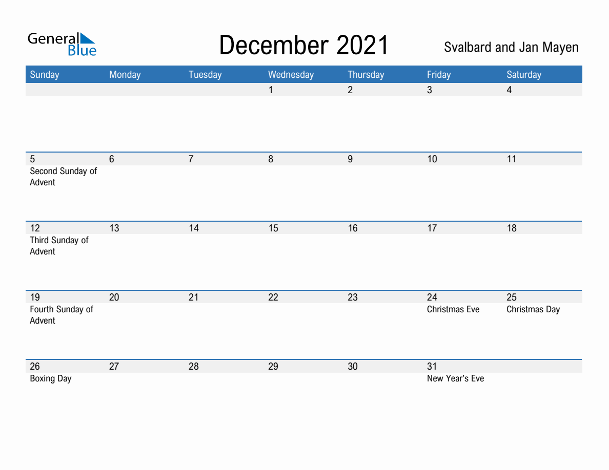 Editable December 2021 Calendar with Svalbard and Jan Mayen Holidays