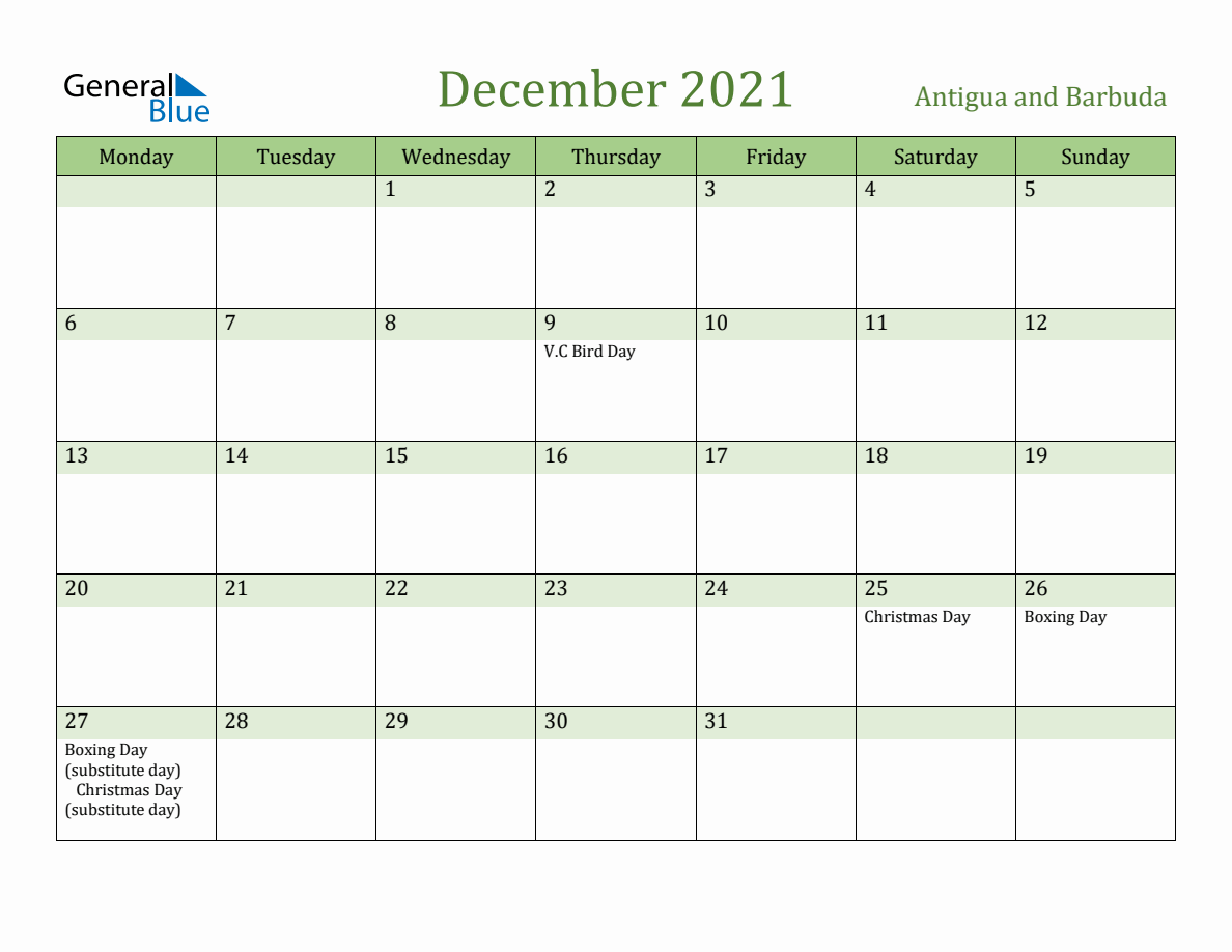 Fillable Holiday Calendar for Antigua and Barbuda - December 2021