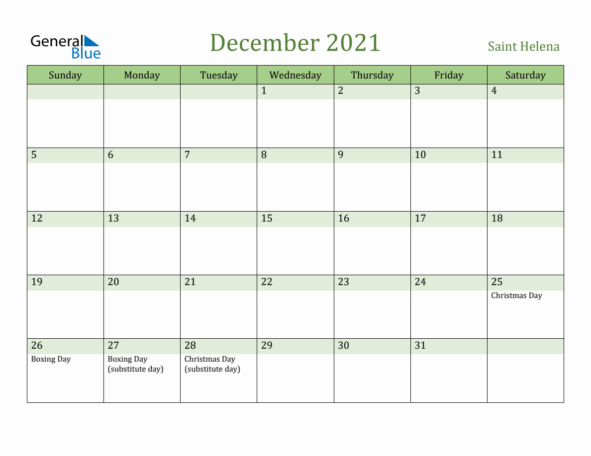 Fillable Holiday Calendar for Saint Helena - December 2021