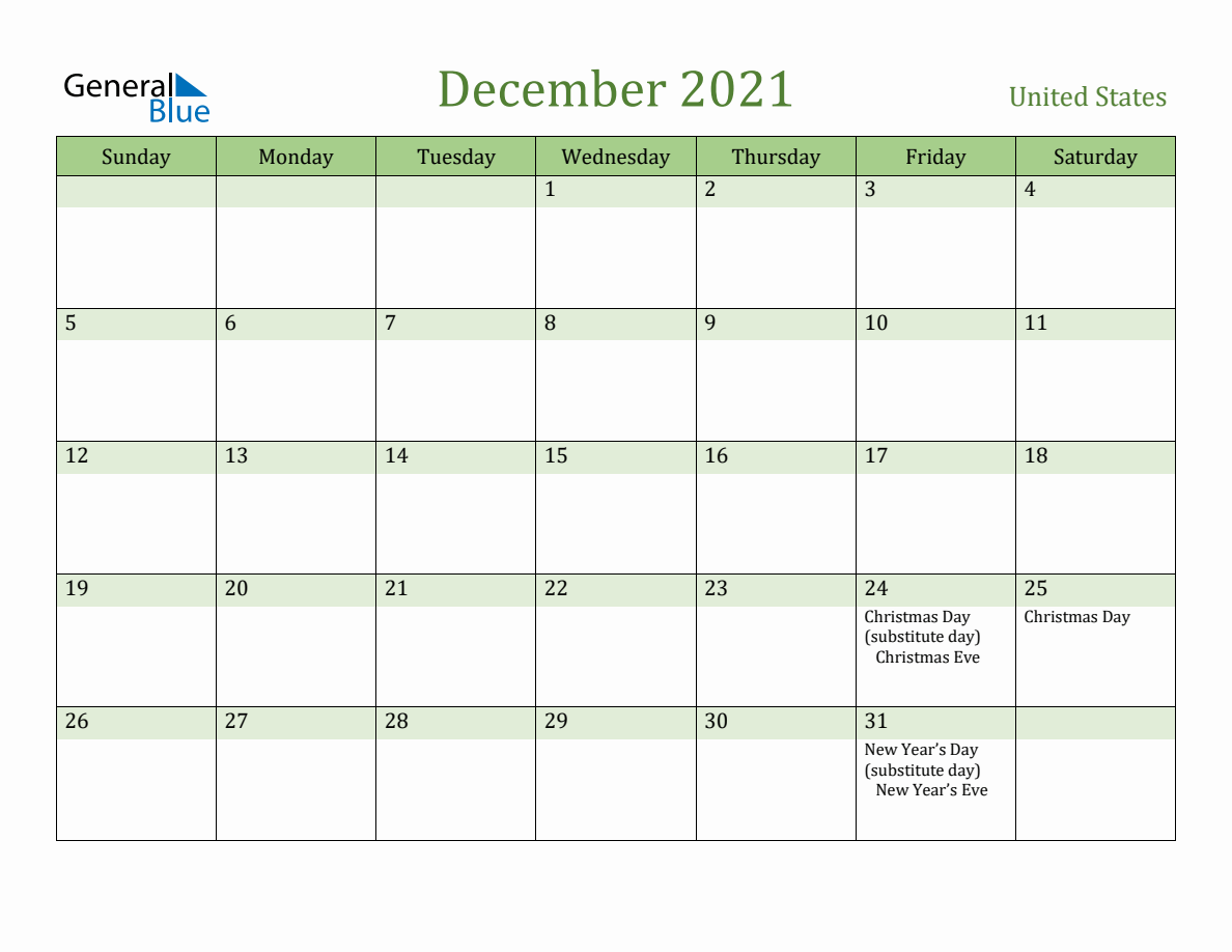 Fillable Holiday Calendar for United States - December 2021