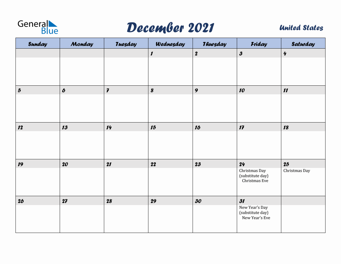 December 2021 Monthly Calendar Template with Holidays for United States