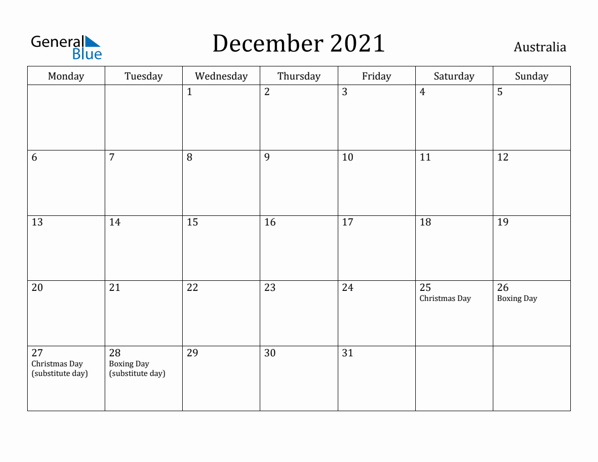 Australia Monthly Calendar - December 2021 (Monday Start)