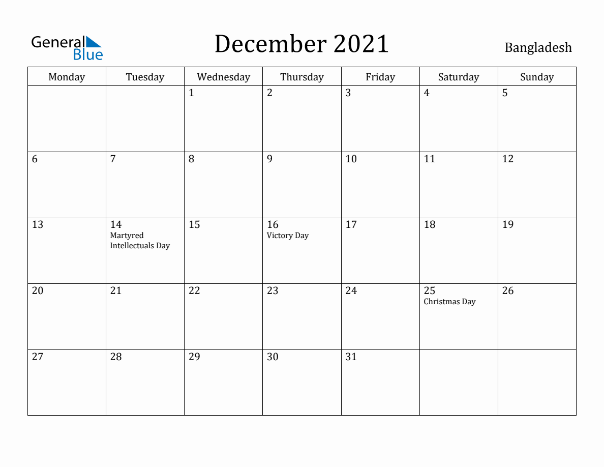 December 2021 - Bangladesh Monthly Calendar with Holidays