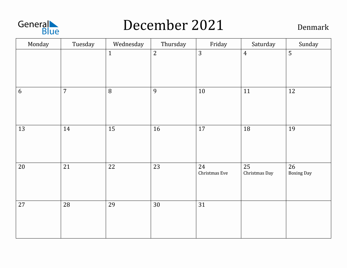 Denmark Monthly Calendar - December 2021 (Monday Start)