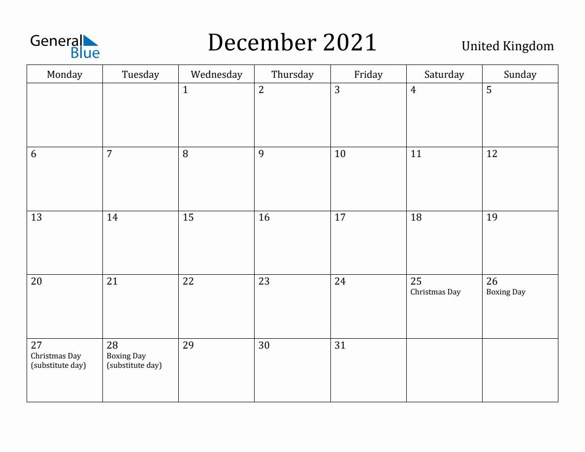 United Kingdom Monthly Calendar - December 2021 (Monday Start)