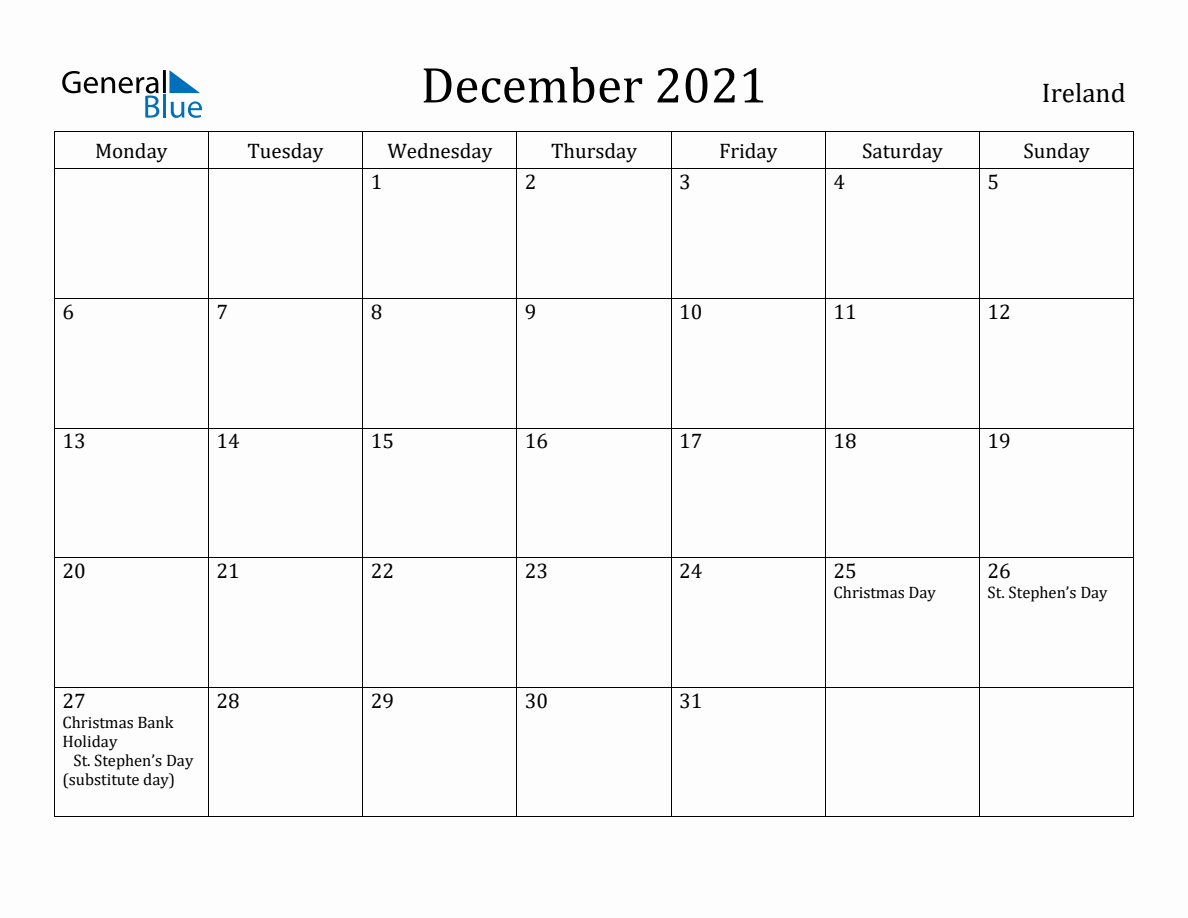 December 2021 - Ireland Monthly Calendar with Holidays