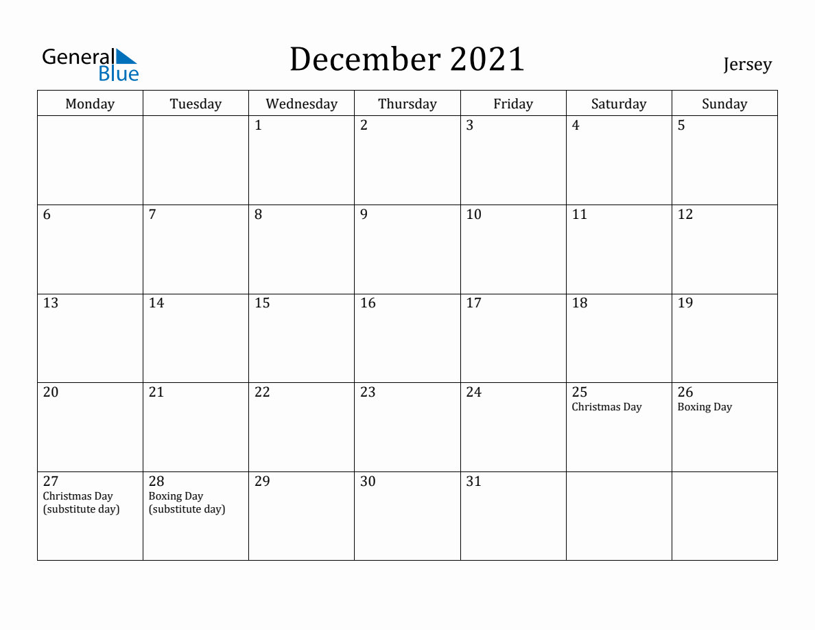 Jersey Monthly Calendar - December 2021 (Monday Start)