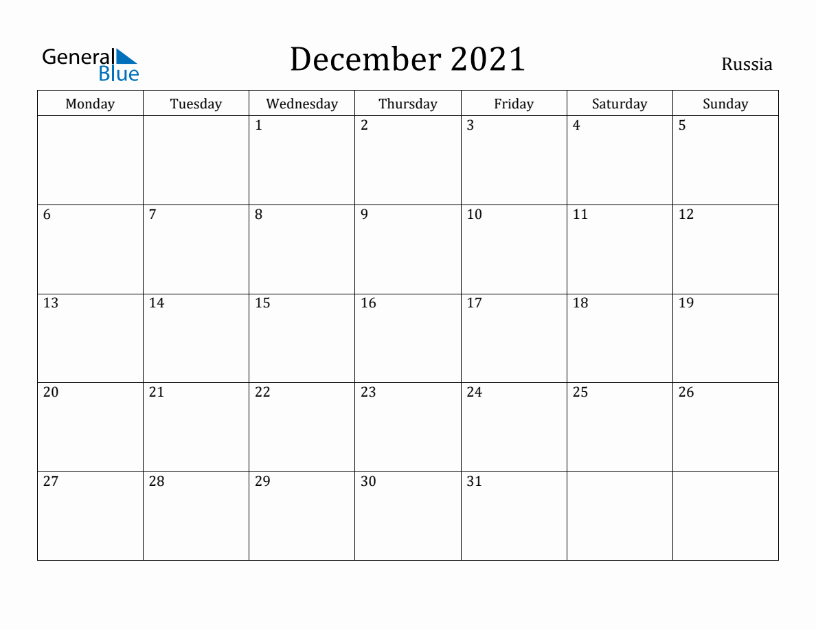 Russia Monthly Calendar - December 2021 (Monday Start)