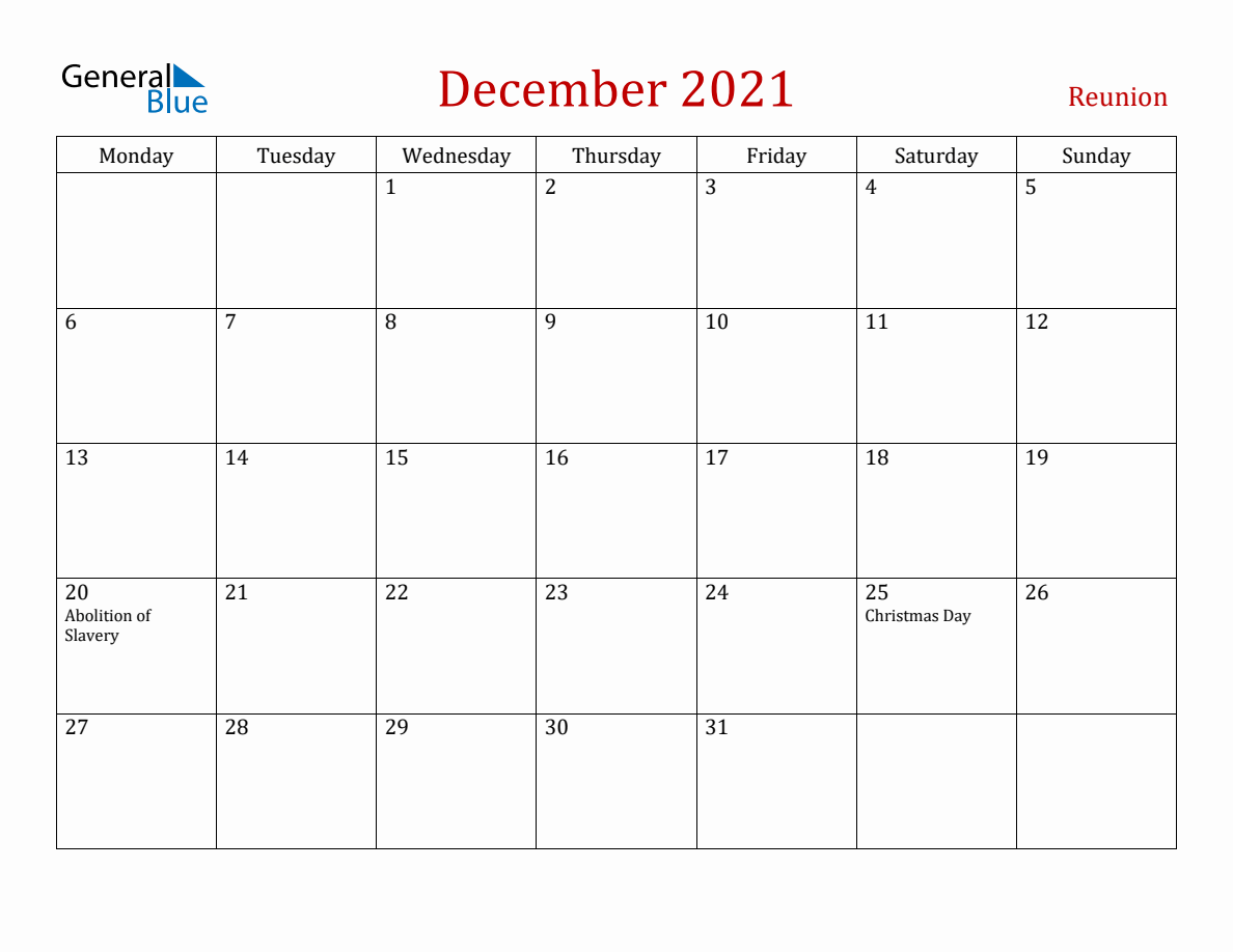 December 2021 Reunion Monthly Calendar with Holidays