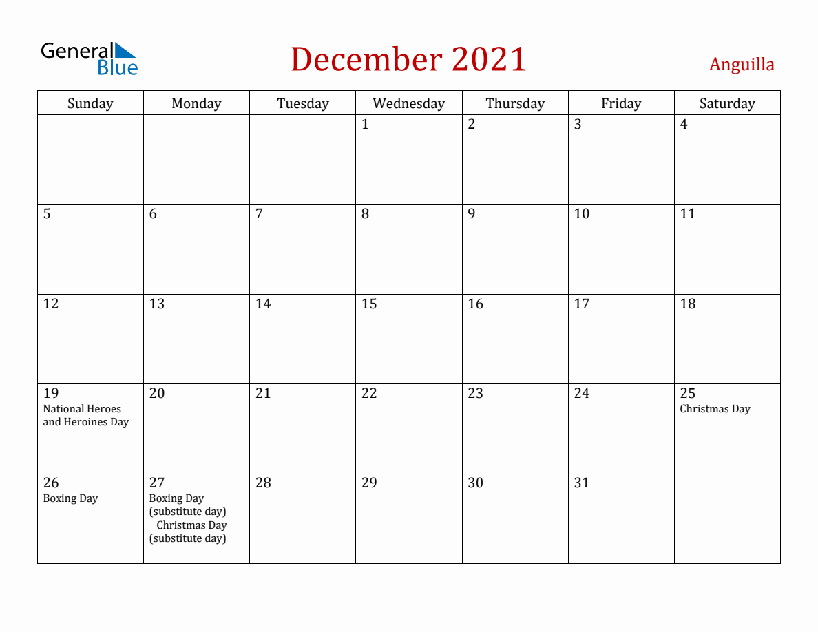 December 2021 Anguilla Monthly Calendar with Holidays