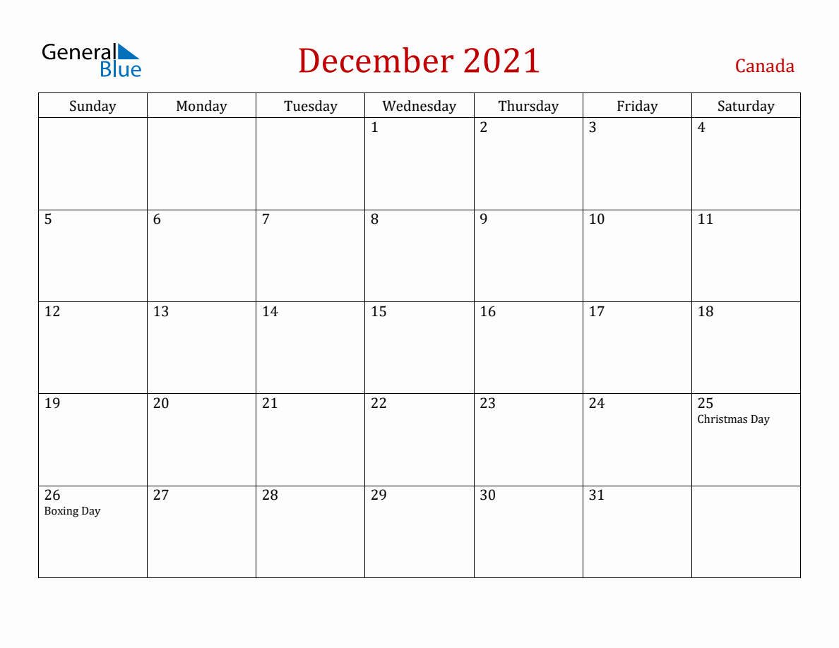 December 2021 Canada Monthly Calendar with Holidays