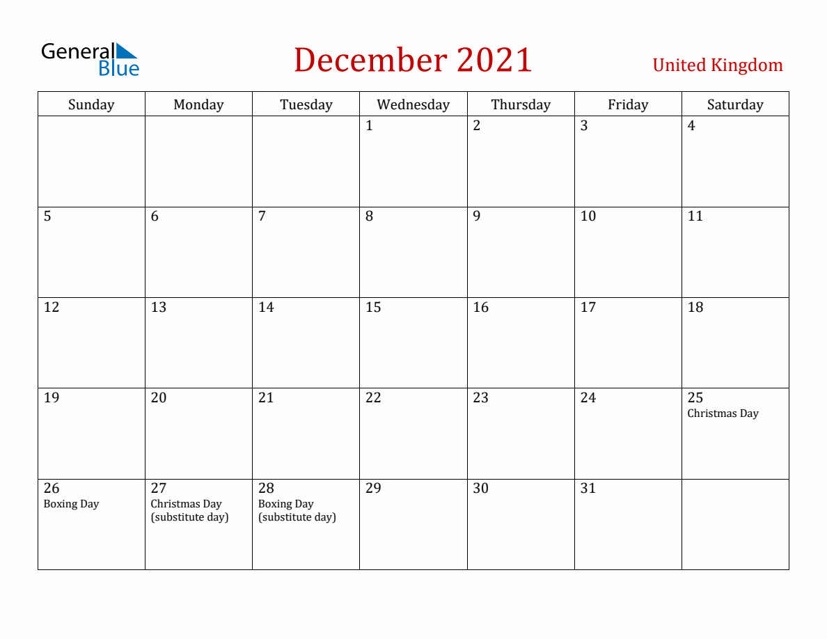 December 2021 United Kingdom Monthly Calendar with Holidays