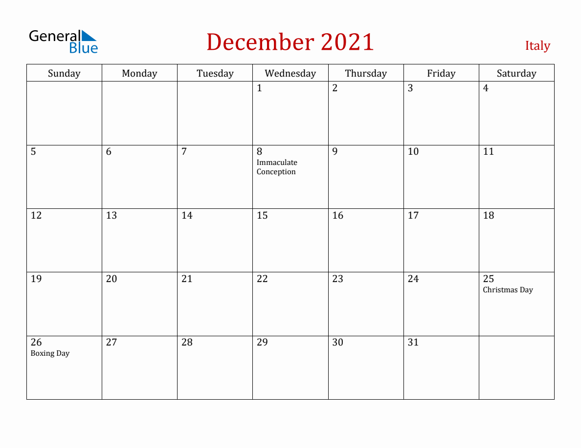 December 2021 Italy Monthly Calendar with Holidays
