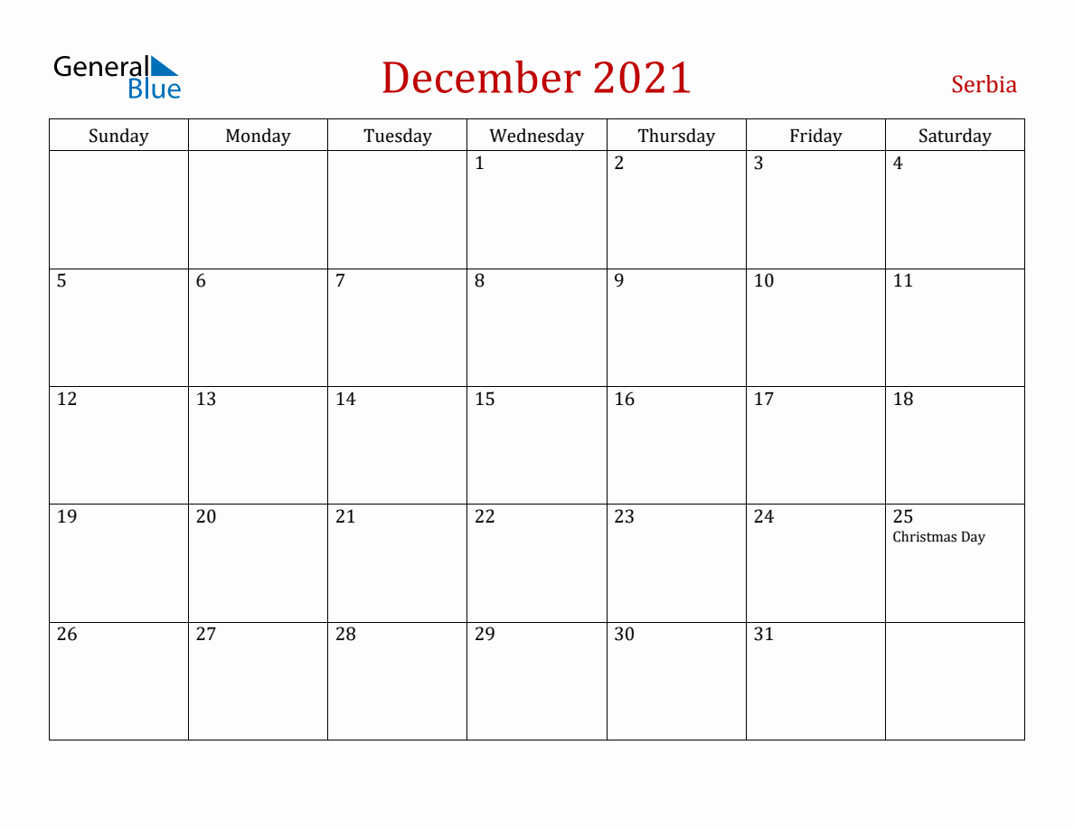 December 2021 Serbia Monthly Calendar with Holidays