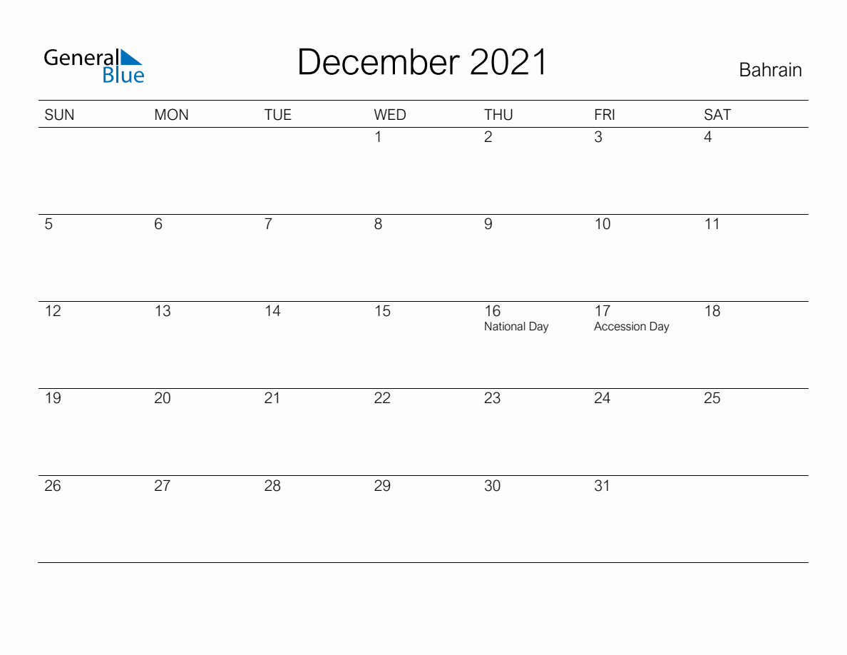 Printable December 2021 Monthly Calendar with Holidays for Bahrain