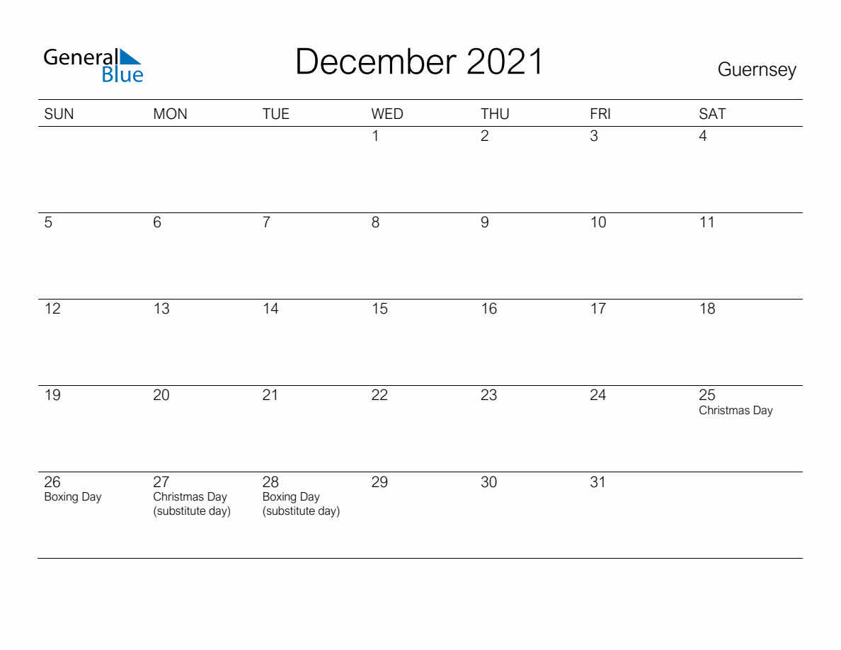 Printable December 2021 Monthly Calendar with Holidays for Guernsey