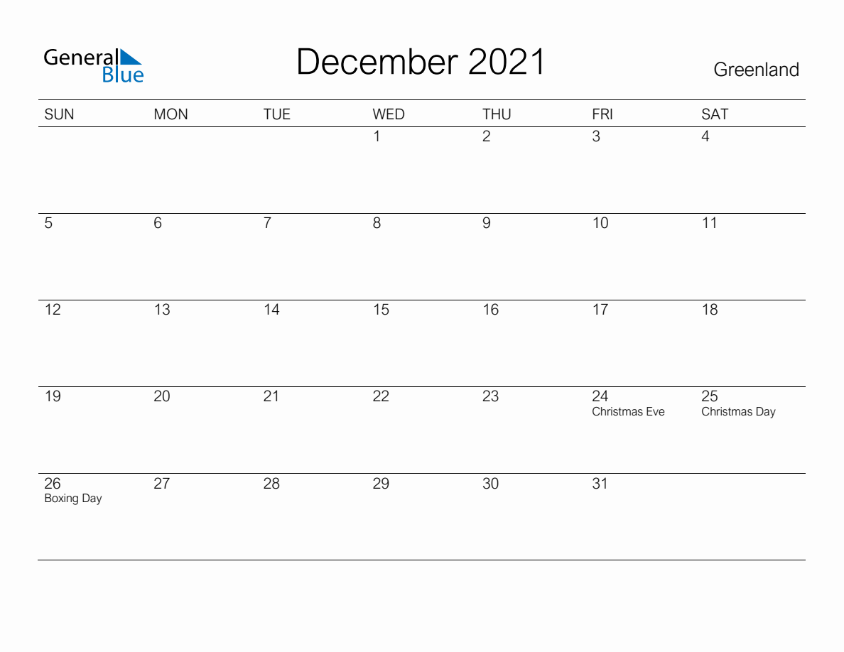 Printable December 2021 Monthly Calendar with Holidays for Greenland