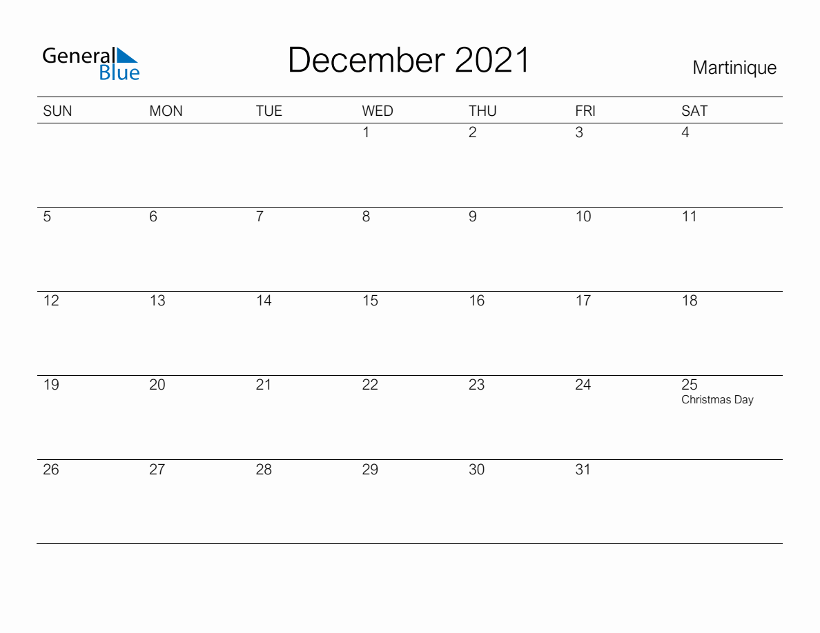 Printable December 2021 Monthly Calendar with Holidays for Martinique