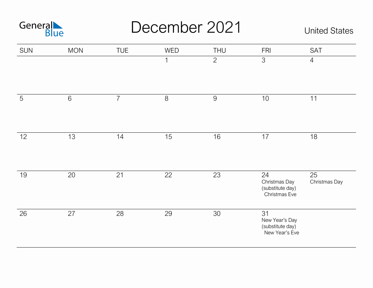 Printable December 2021 Monthly Calendar with Holidays for United States
