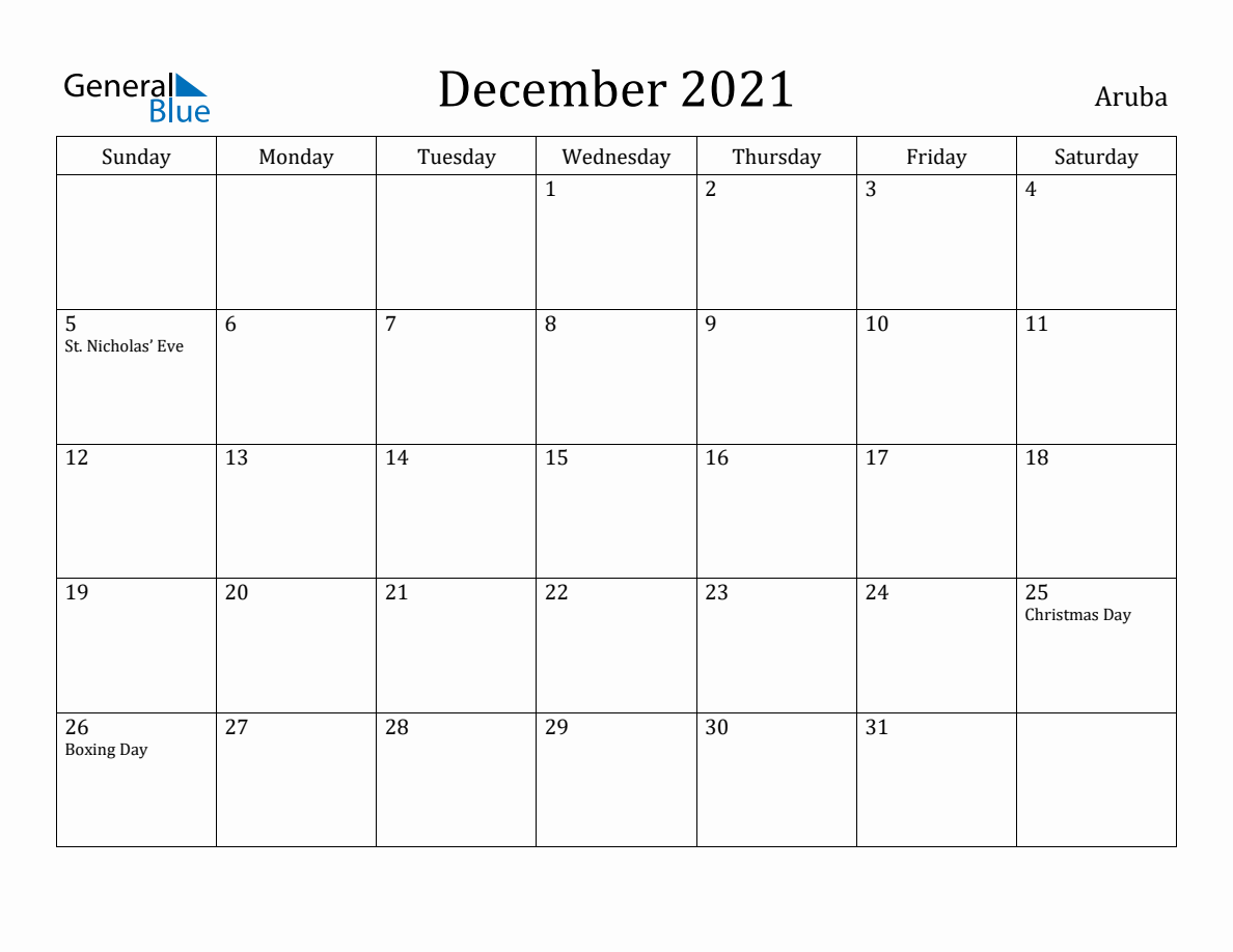 December 2021 Monthly Calendar with Aruba Holidays
