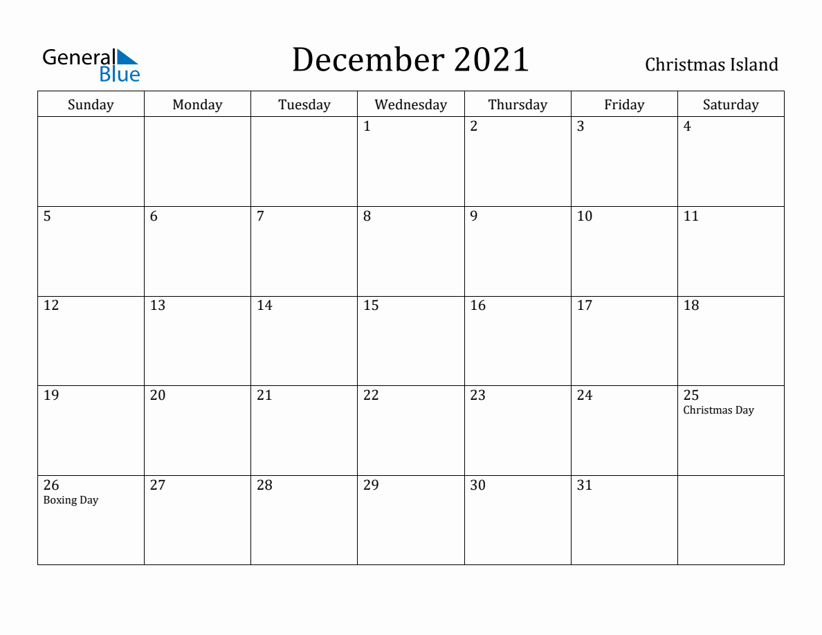 December 2021 Monthly Calendar with Christmas Island Holidays