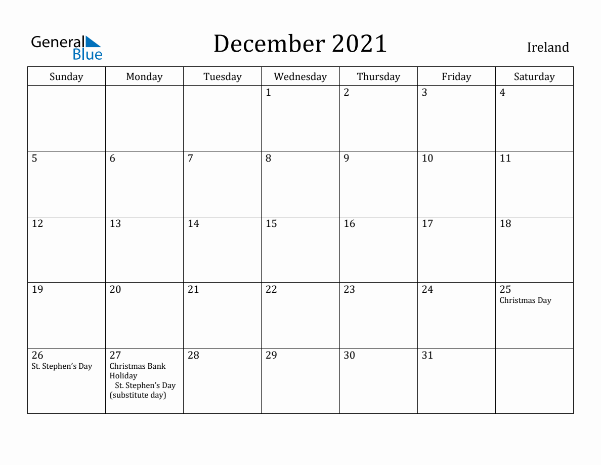 December 2021 Monthly Calendar with Ireland Holidays