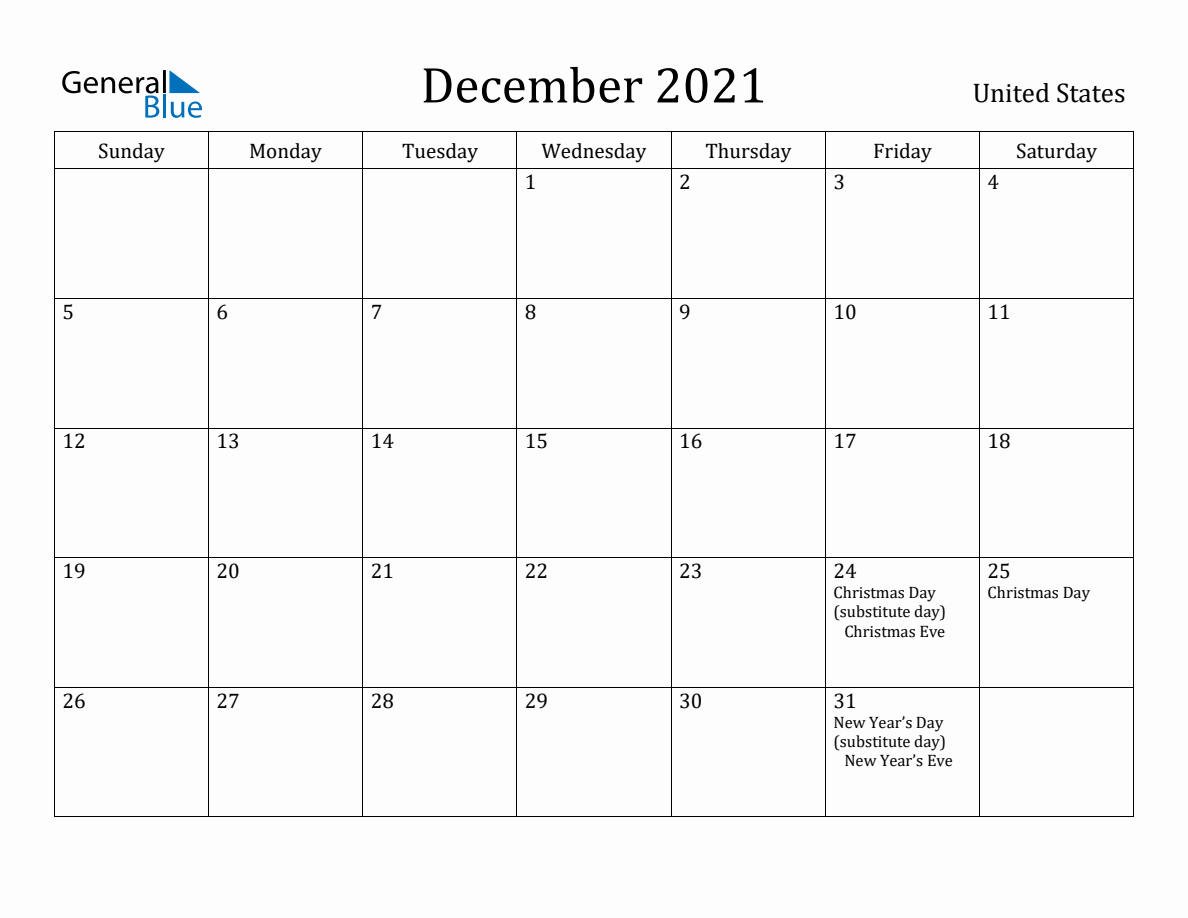 December 2021 Monthly Calendar with United States Holidays