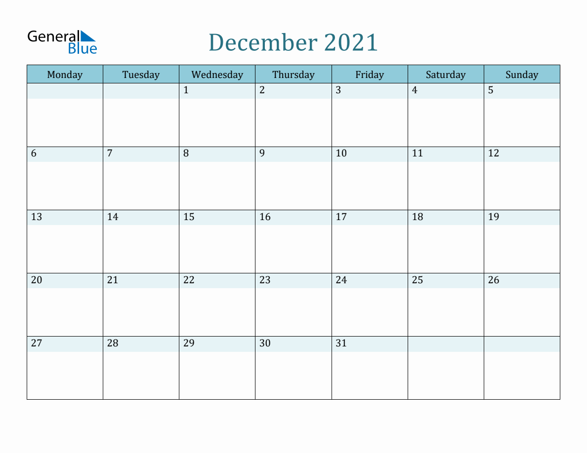 December 2021 Monthly Calendar Template - Monday Start