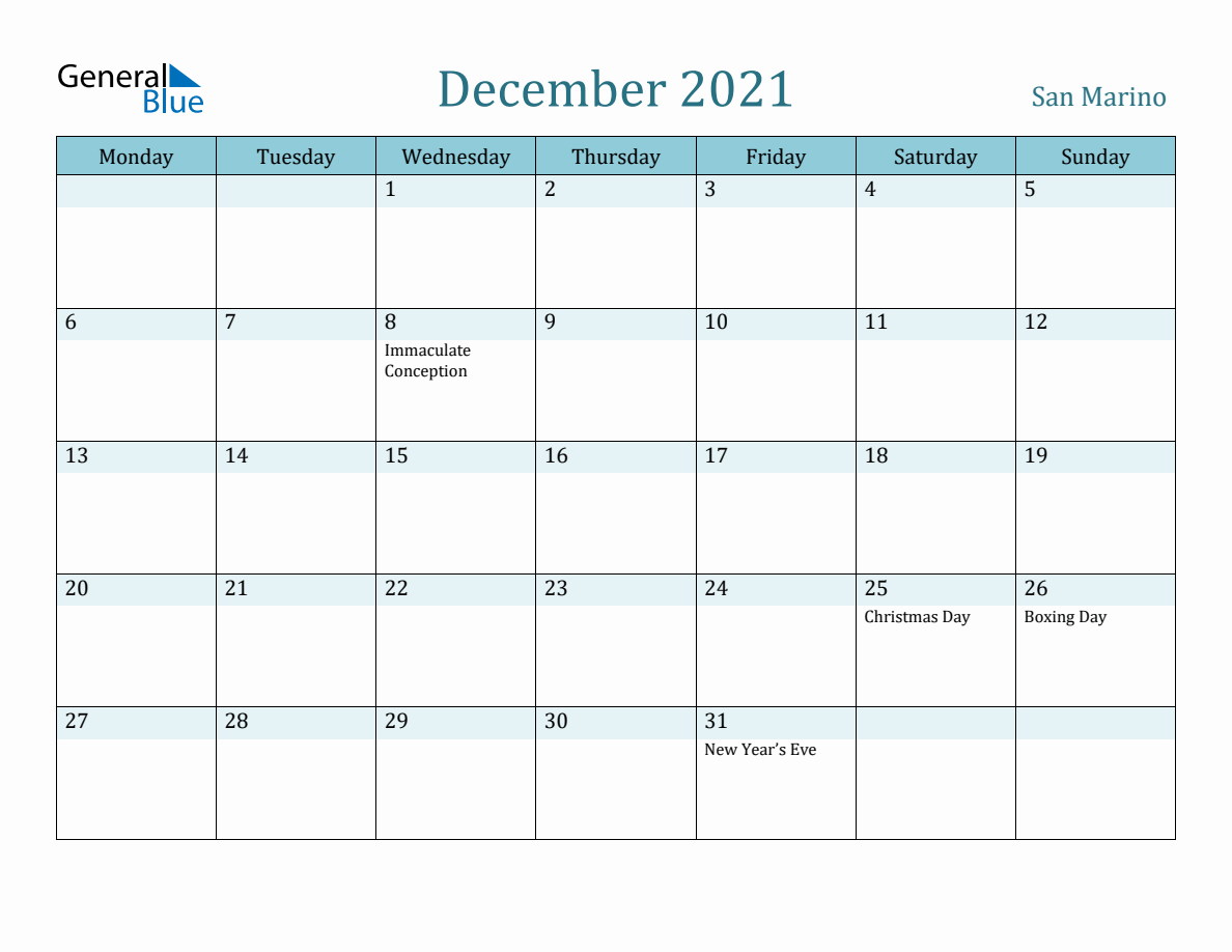 San Marino Holiday Calendar for December 2021 (Monday Start)