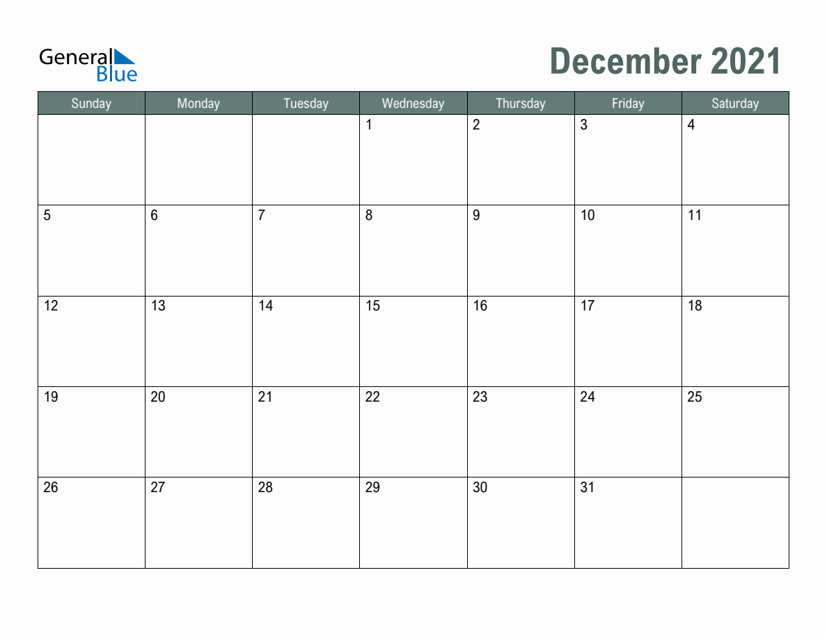 Blank December 2021 Monthly Calendar Template